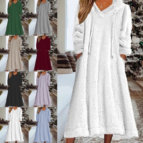 Womens Hooded Long Sleeve Fleece Dress Ladies Casual Fluffy Loose ...