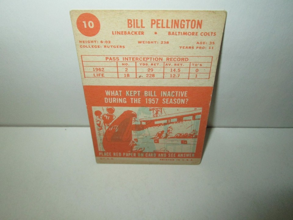 BILL PELLINGTON 1963 Vintage CARD Topps #10 Rutgers BALTIMORE COLTS LB ...