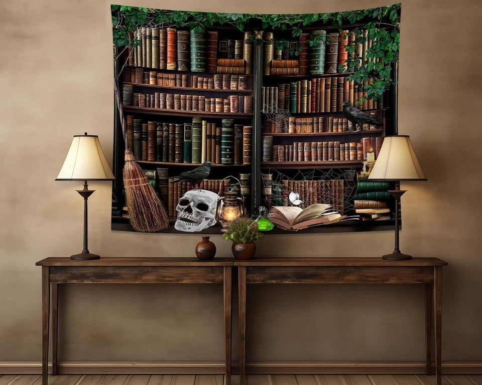 Large Medieval Bookcase Tapestry Vintage Gothic Bookshelf Library Wall ...