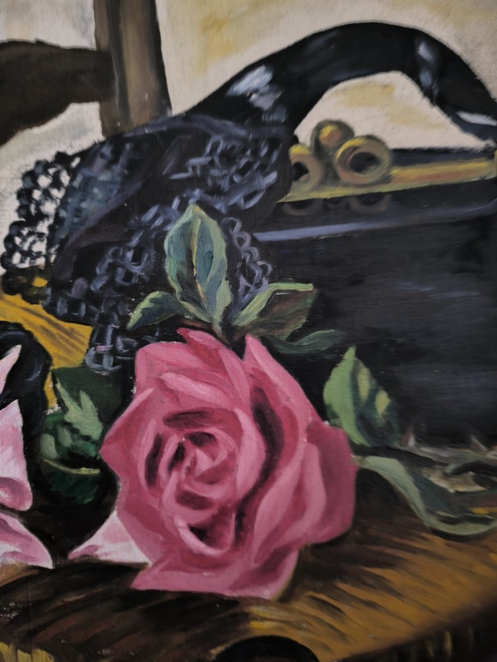 Oil On Cardboard Gabrielle Sorrel (20th) Still Life " Pink And Bag ...