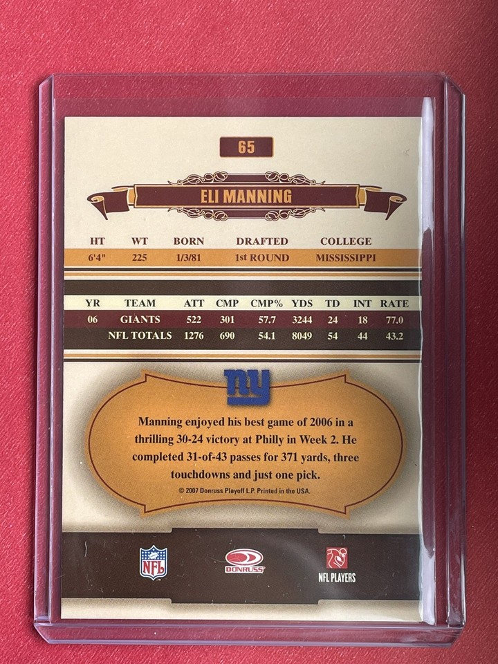 2007 DONRUSS CLASSICS ELI MANNING MISPRINT BYRON LEFTWICH NAME PLATE ...