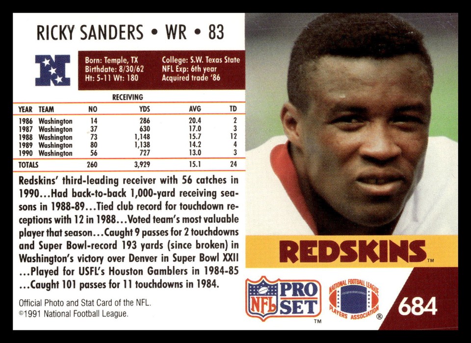 1991 Pro Set #684 Ricky Sanders Washington Redskins Football Card NM | eBay