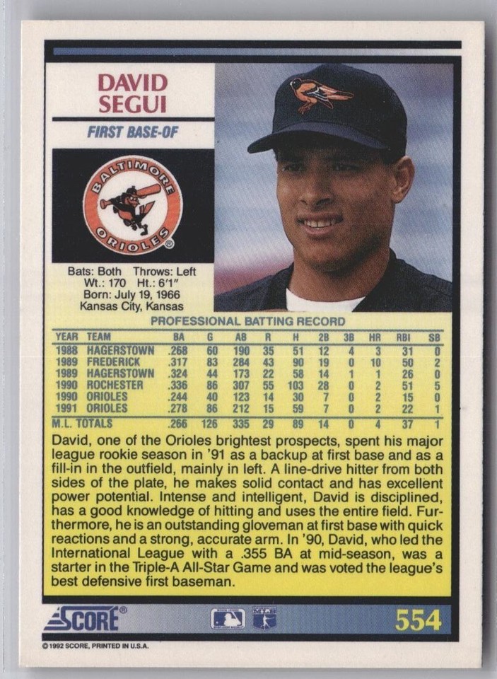1992 Score Baltimore Orioles Baseball Card #554 David Segui | eBay