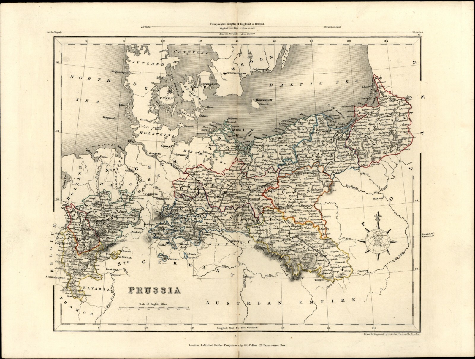 1849 Archer Large Antique Map of Prussia Northern Germany, Poland to ...