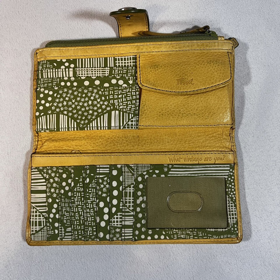 Fossil Mustard Yellow Leather Wallet Womens Bifold Snap & Zipper | eBay