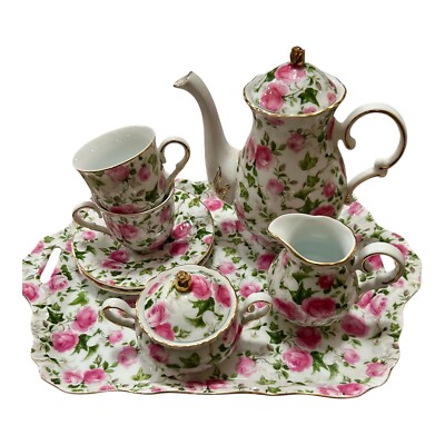 Vintage 10-Piece Victoria’s Garden Pink Rose Porcelain Tea Set *RARE ...