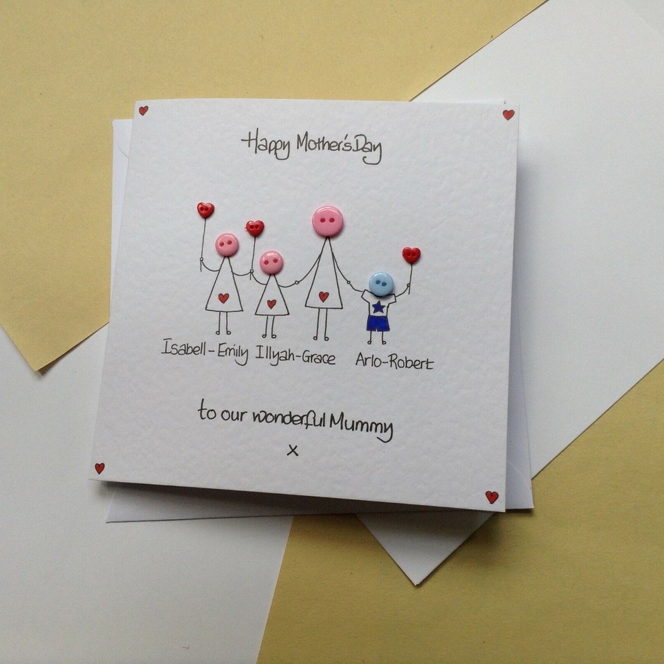Personalised Handmade button Mothers Mother's Day card boy girl son ...