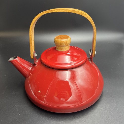 Vtg Danish MCM Red Enamel Tea Kettle Teak Wood Handle & Knob Mid ...