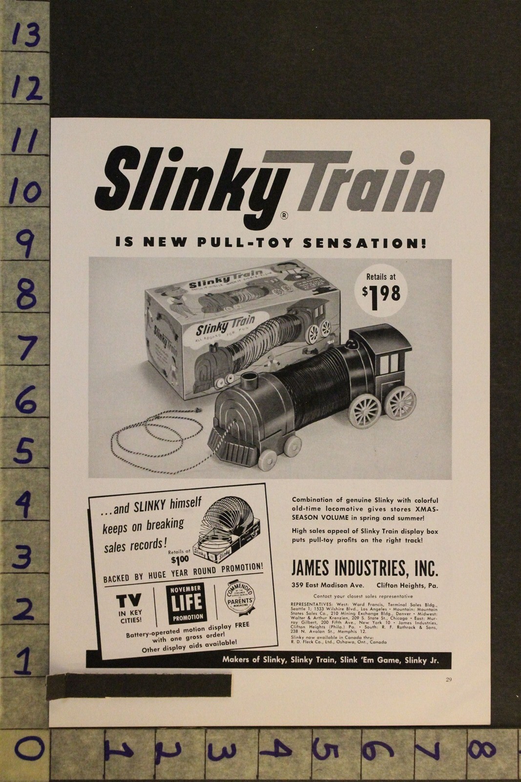 1954 TOY AD SLINKY TRAIN PULL JAMES INDUSTRIES CLIFTON HEIGHTS PA ...