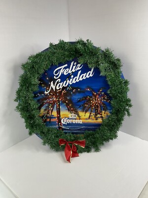 PROMO CORONA BEER CHRISTMAS WREATH WOOD STORE DISPLAY w/ LIGHT UP PALM ...