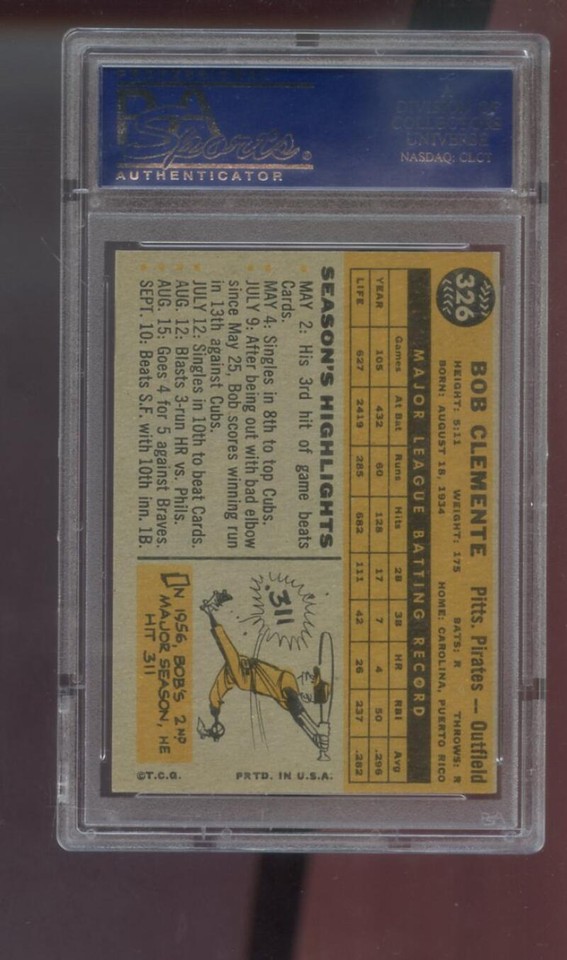 1960 Topps #326 Roberto Clemente Bob Clemente MLB PSA 6 Graded Baseball ...