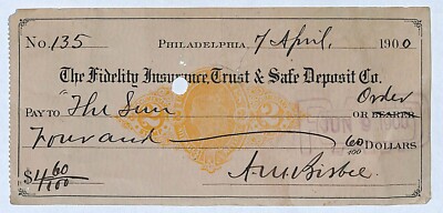 Fidelity Insurance Trust & Safe Deposit Phila. 1900 Bank Check w/ Rev ...