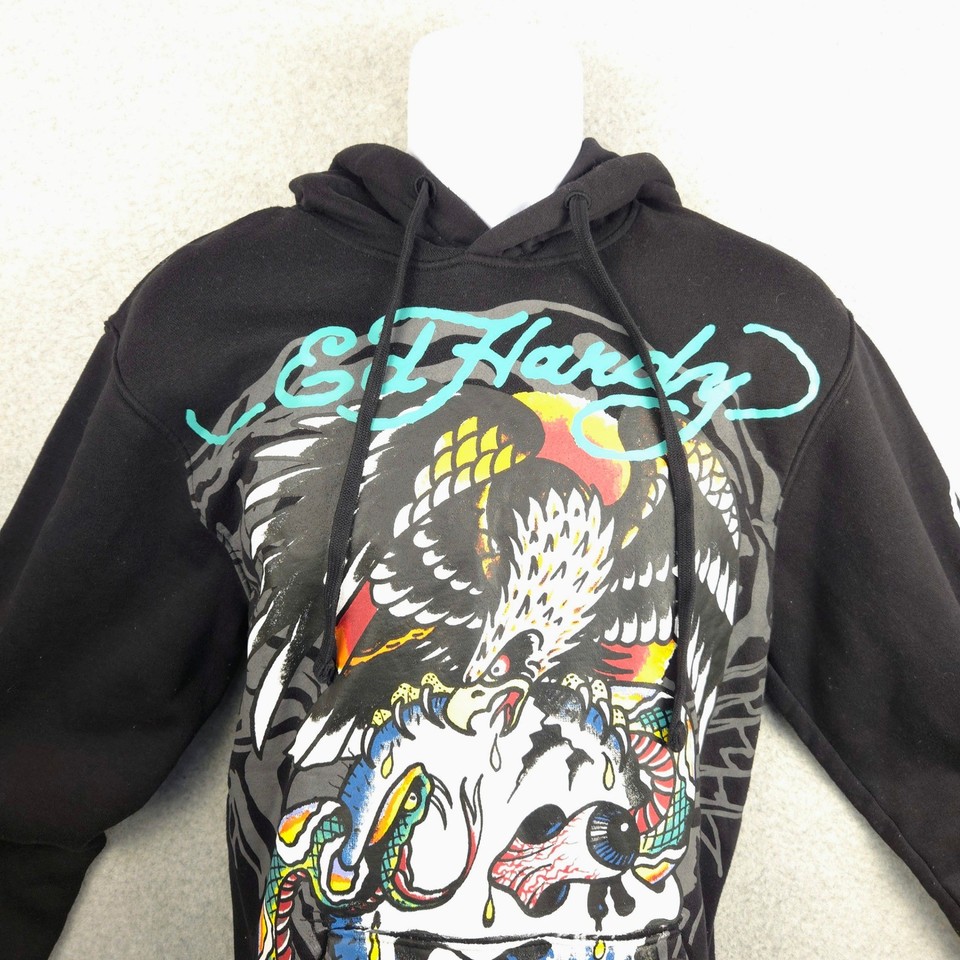 Ed Hardy Mens Black Eagle Skull Snake Graphic Hoodie Sweatshirt Size M ...