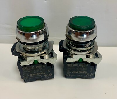 [Lot of 2!] Allen Bradley 800FM-LE3 Illuminated Push Button, Green, w ...
