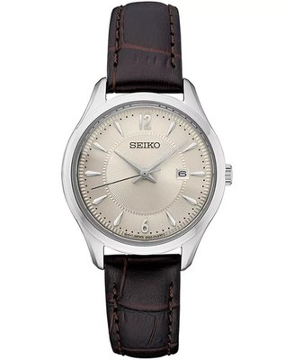 Seiko Essentials Quartz Ivory Dial Brown Leather Strap Ladies Watch ...
