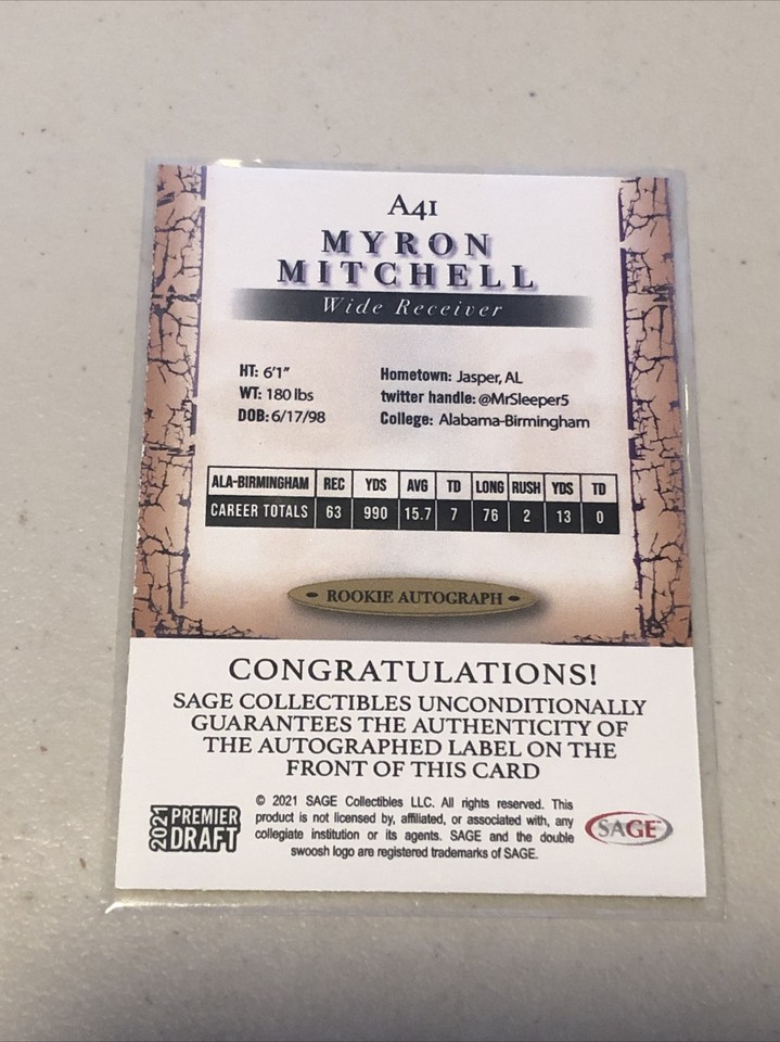 Myron Mitchell 2021 Sage Premier Draft Auto Blac Minnesota Vikings #A41 ...