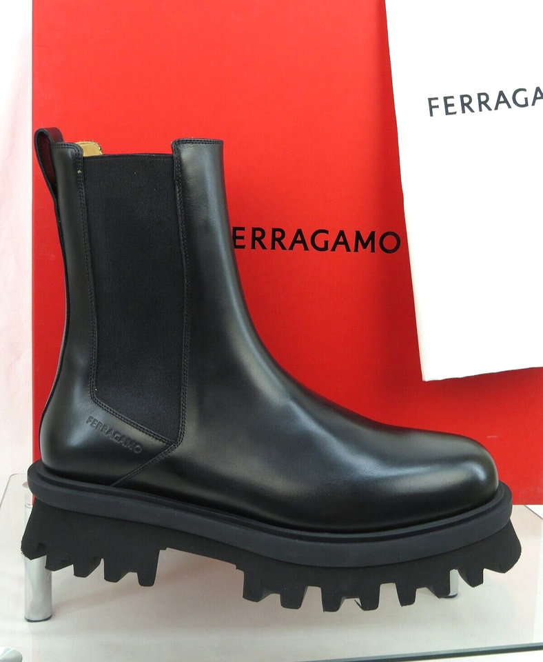 NIB FERRAGAMO FLASH BLACK LEATHER LOGO PLATFORM PULL CHELSEA ANKLE ...