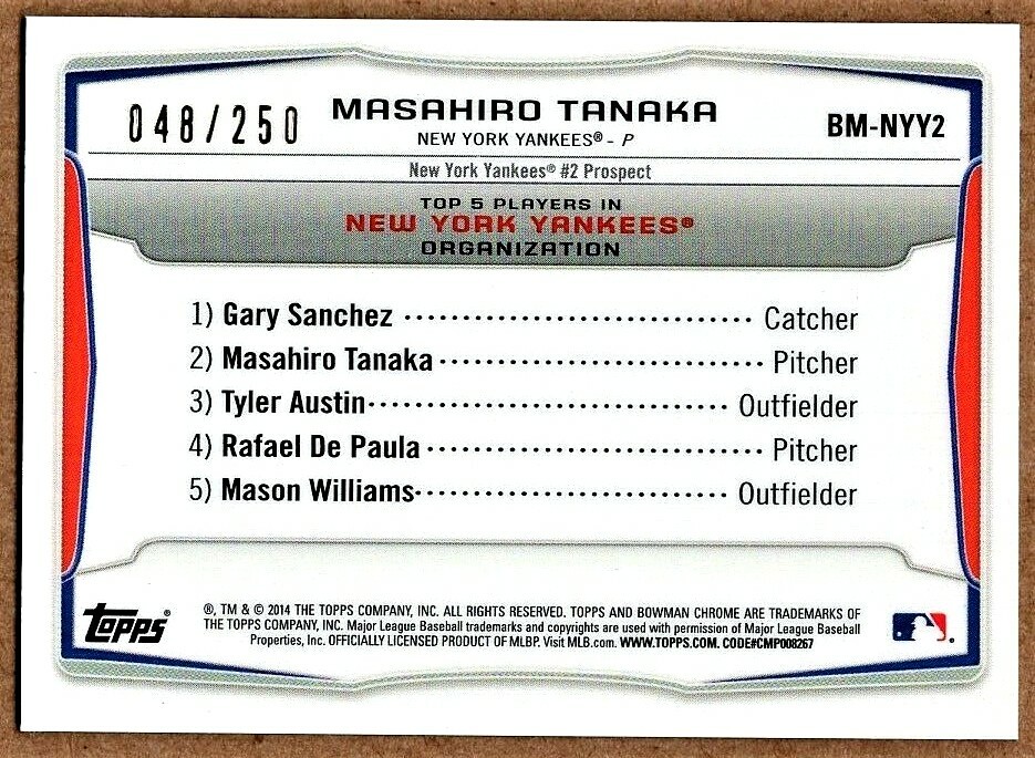 MASAHIRO TANAKA - 2014 BOWMAN CHROME SCOUT TOP 5 MINI BLUE SHIMMER ...