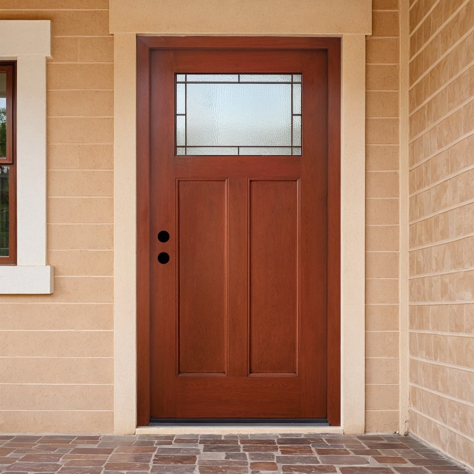 36x80'' Fiberglass Entry Door, Patina Glass, Stain Red, RH Inswing ...