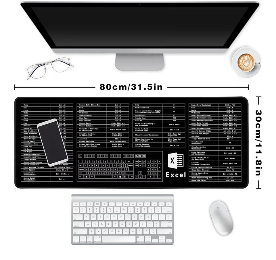Excel Cheat Sheet Desk Pad Extended XL Office Keyboard Mat (31.5"x 11.8 ...
