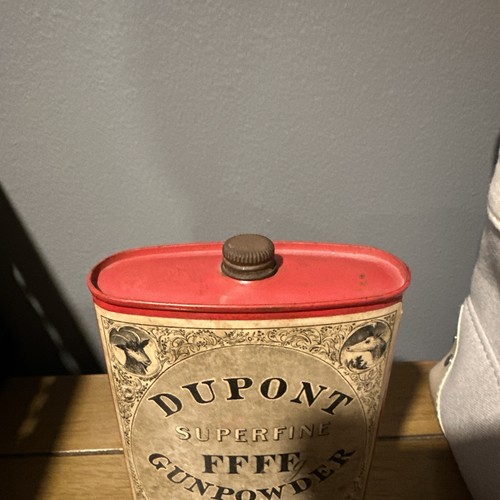 Vintage 1924 Dupont Superfine FFg Gunpowder paper label Empty Tin ...