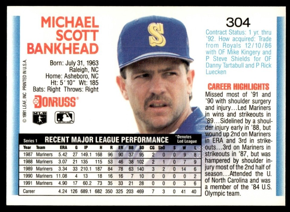 1992 Donruss #304 Scott Bankhead Seattle Mariners | eBay