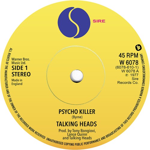 Talking Heads. Psycho Killer. Record Label Sticker. Sire Records | eBay