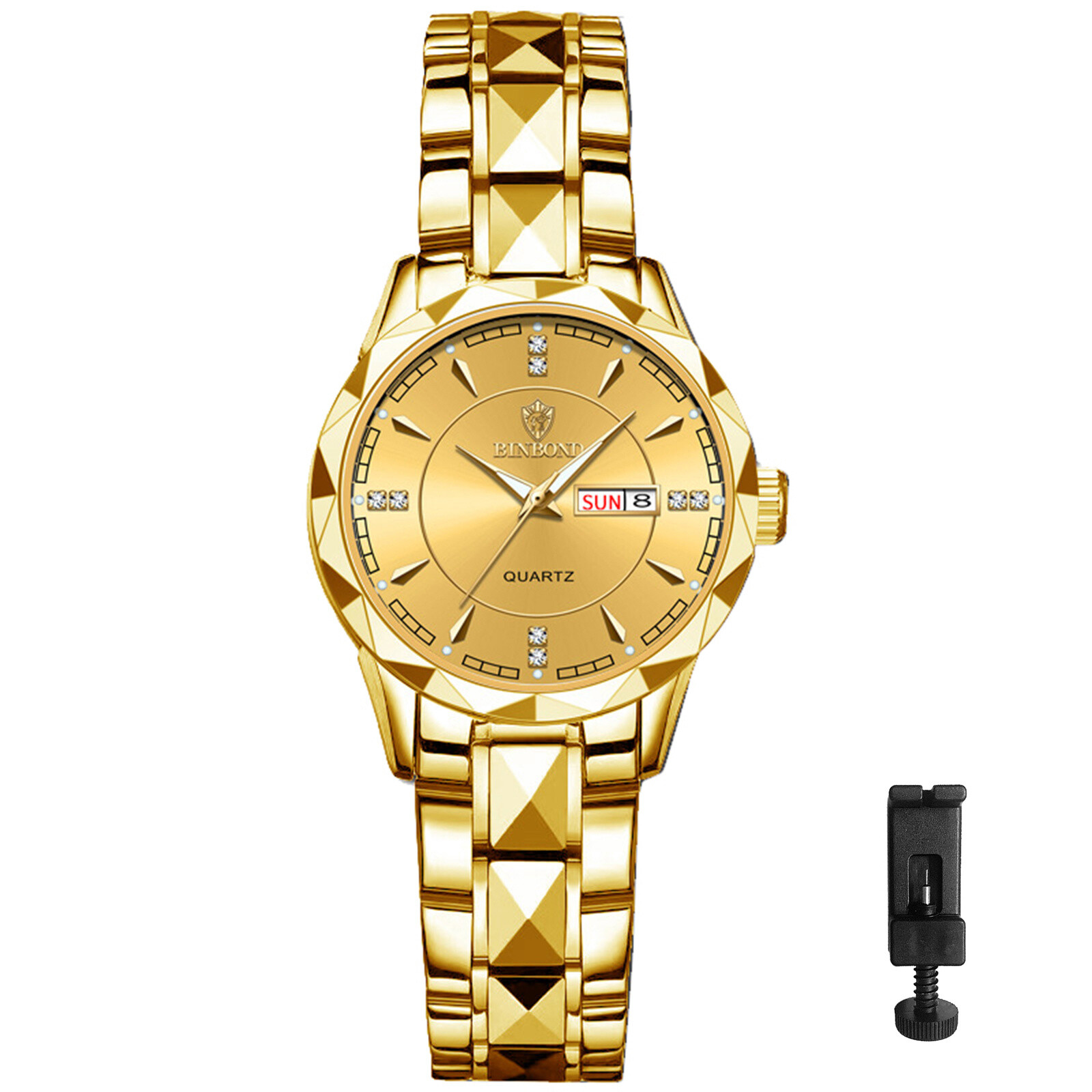 Men Women Luxury Date Calendar Gold Tone Stainless Steel Analog Quartz ...