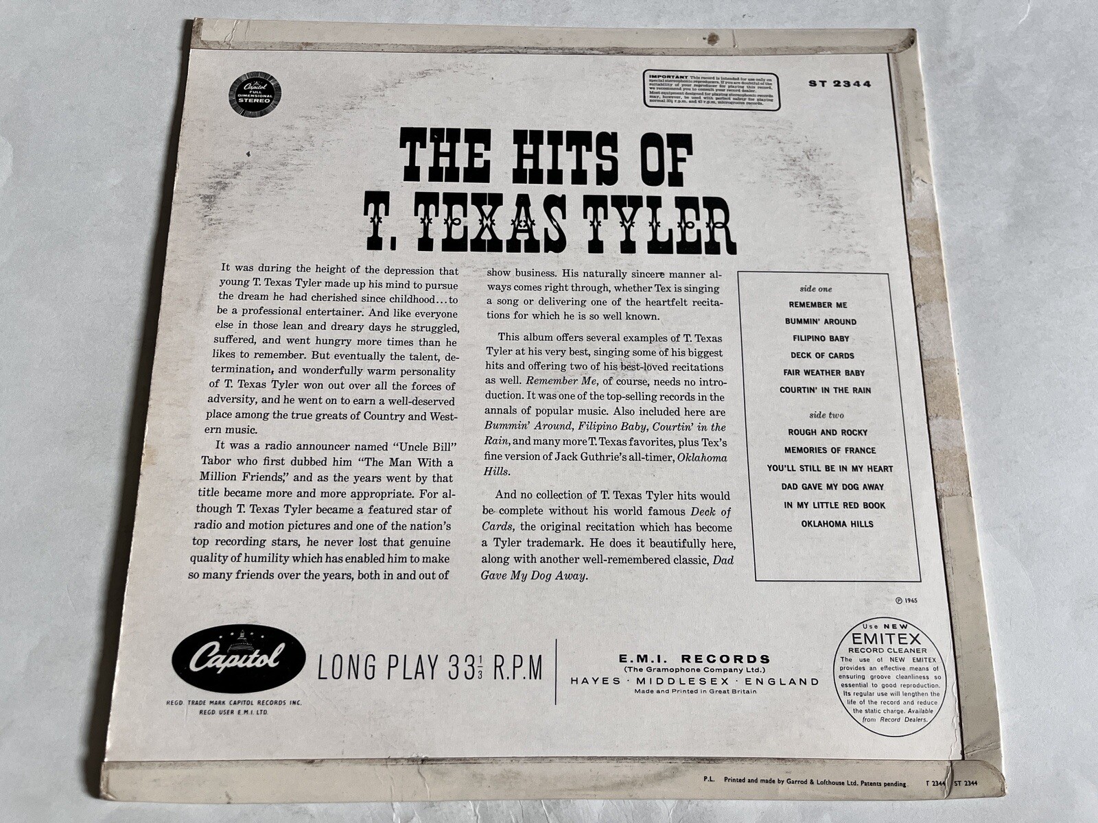 The Hits Of T. Texas Tyler~Capitol Records~Country~UK Import~Quick ...