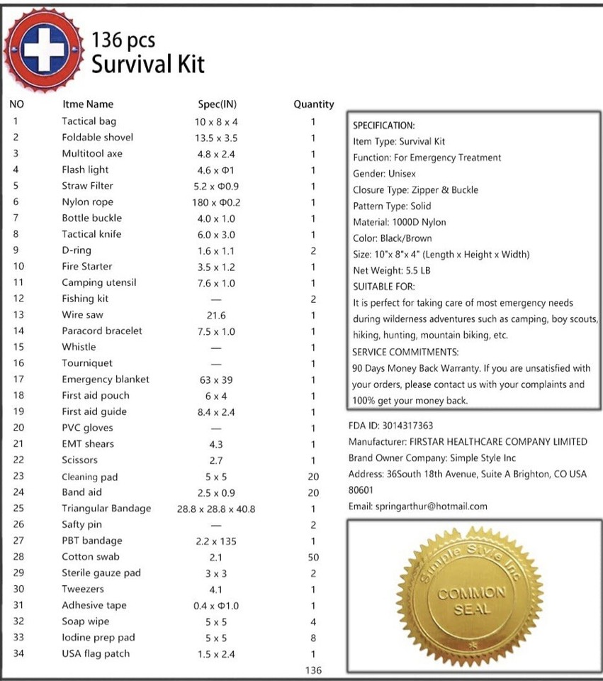 Emergency Survival Kit First Aid Bug out bag Prepper Mole Outdoor ...