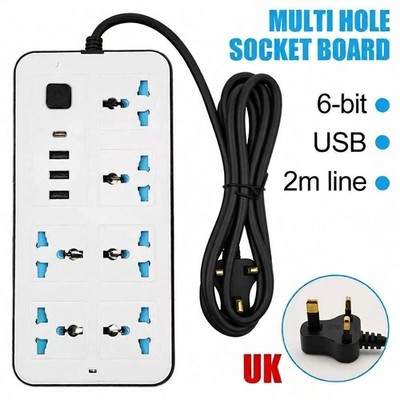 Extension Lead Cable Electric Mains Power 6 Gang Way 4 USB Ports Plug ...