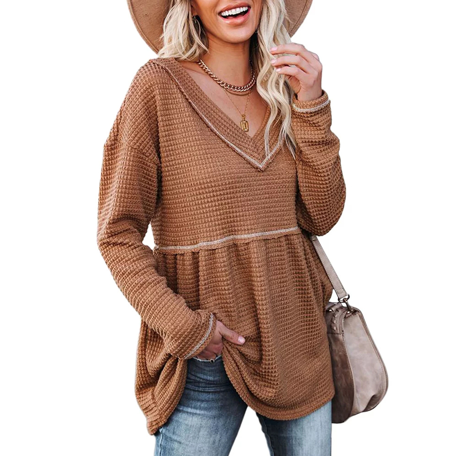 Women Comfortable Soft V Neck Waffle Tunic Top Jumper Long Sleeve Autumn Spring | eBay