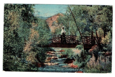 Vista In Stratton Park Colorado Springs CO Postcard Woman on Bridge ...