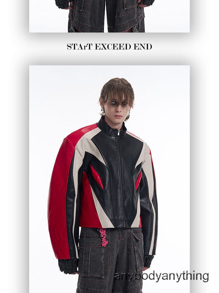 Men Short Standing Collar Leather Jacket Spring Splicing Motorcycle ...
