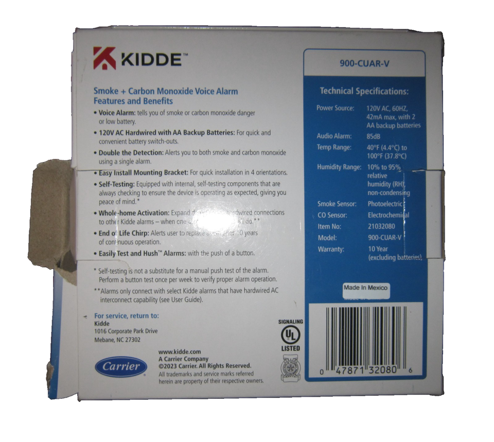 Kidde Smoke + Carbon Monoxide Voice Alarm Detector Hardwired Battery ...