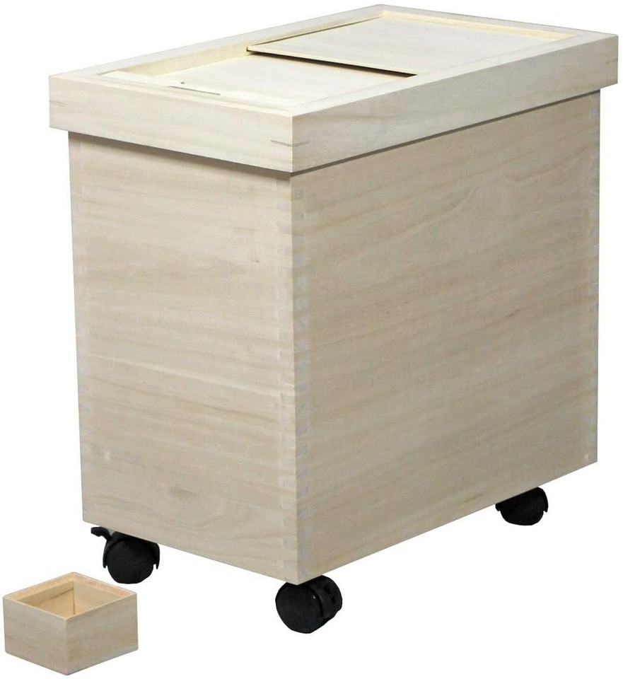 20kg Japanese Wooden Rice Bin Storage Removable Lid w/Casters & Rice ...