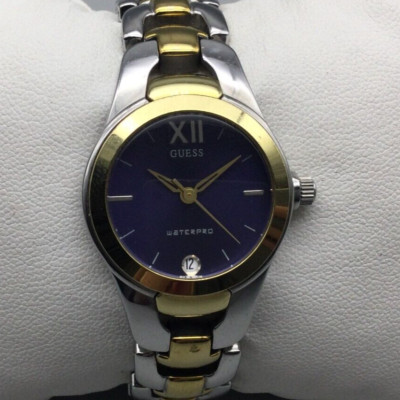 Guess Waterpro Watch Women 25mm Blue Dial Gold Silver Tone New Battery ...