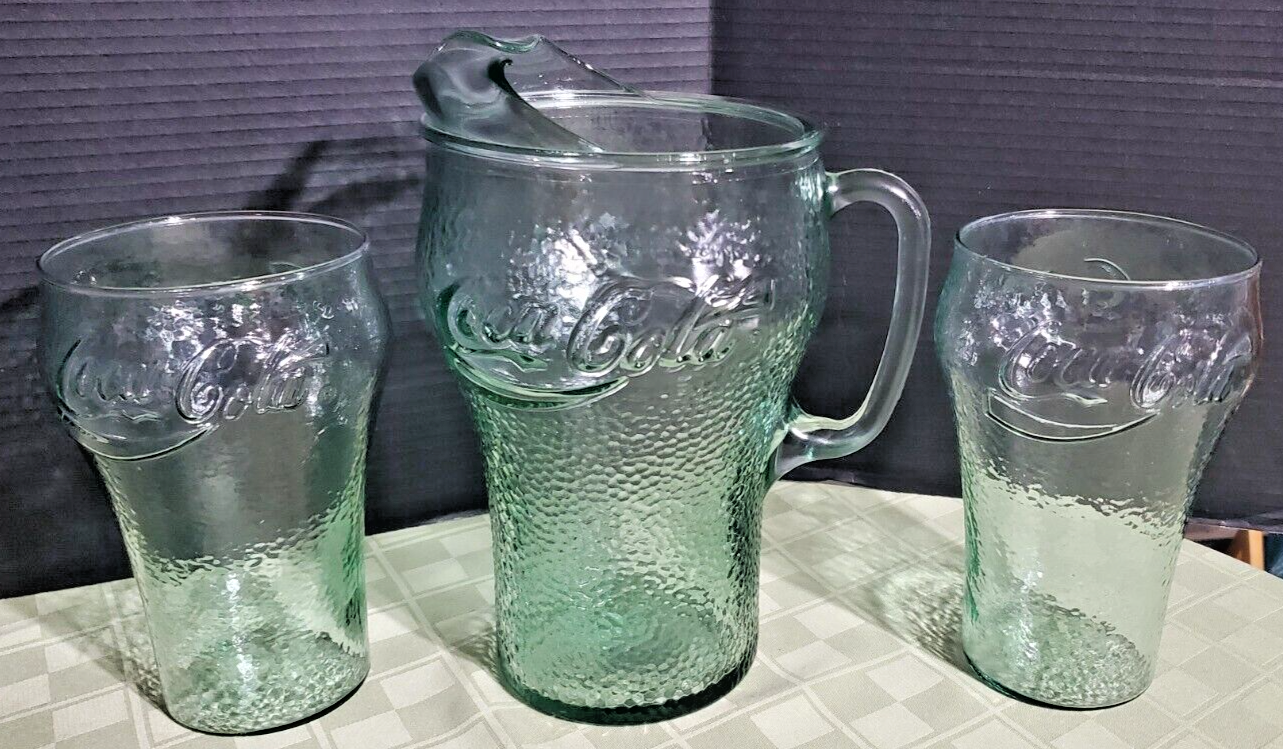 Set of Coca-Cola 64 oz Pitcher & 2 32oz Glasses -Indiana Green Pebble ...