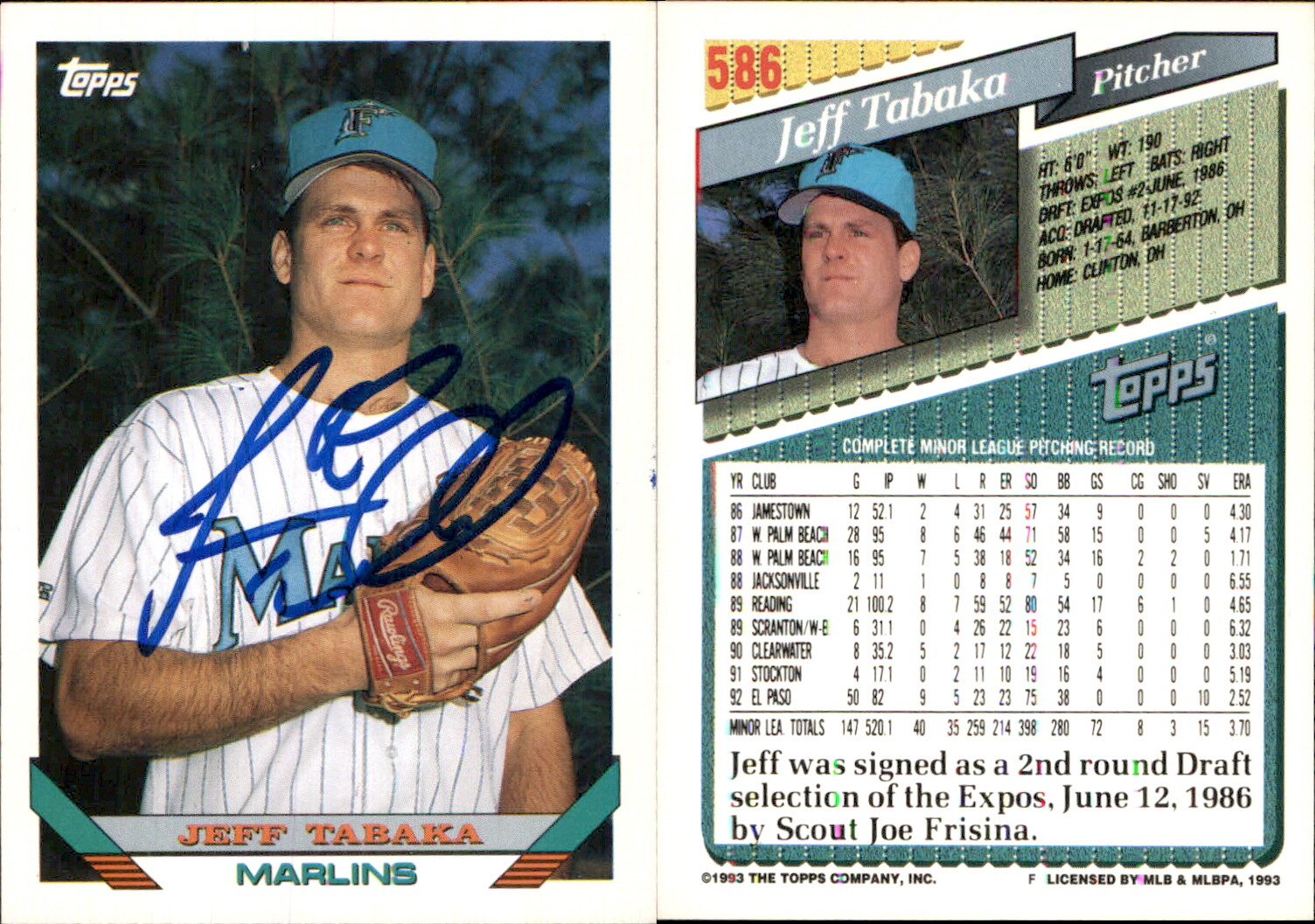 Jeff Tabaka Signed 1993 Topps #586 Card Florida Marlins Auto AU | eBay