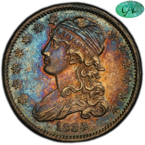 1834 25C AU58 PCGS CAC Capped Bust Quarter Toned Color | Paradime Coins ...