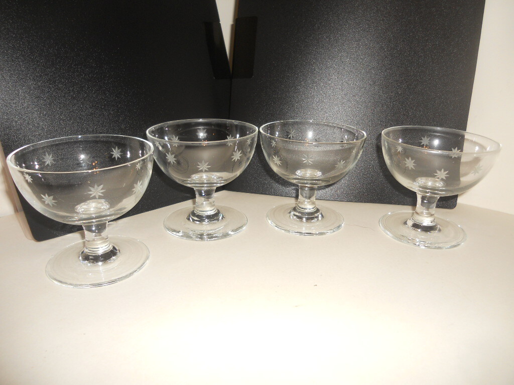 4 Javit Crystal Star Burst Etched Sherbert Glasses 3 1/8" Tall X 3 3/8 ...