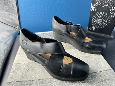 Earth Brand 9B Black Spindrift Crisscross Strap Mary Jane Leather Wedge ...
