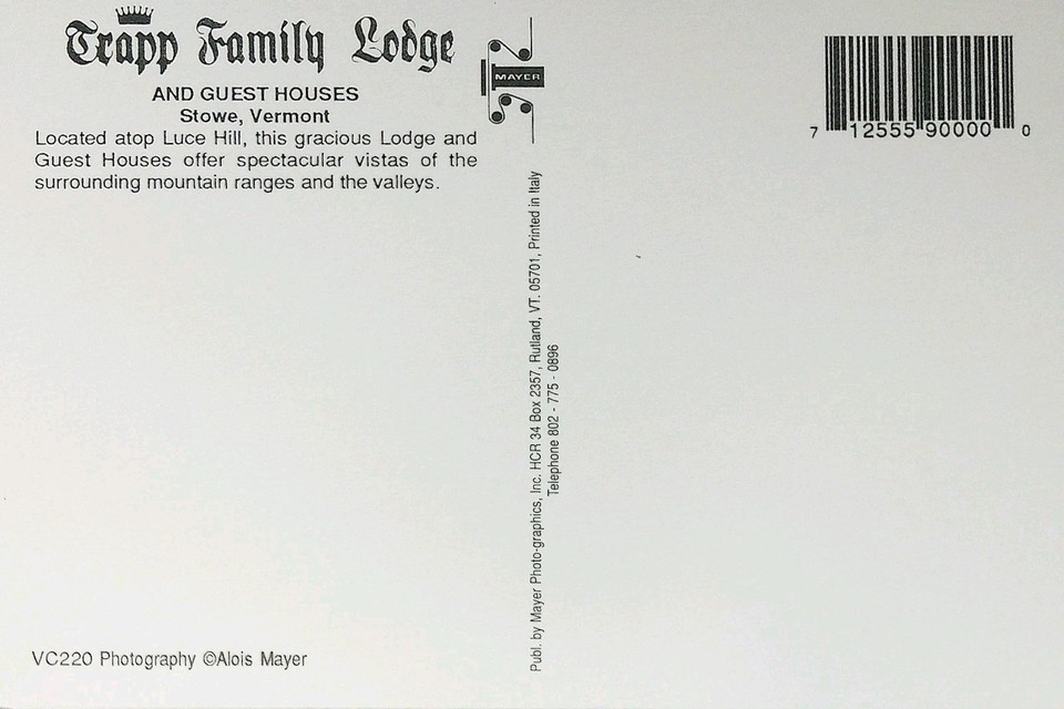 Postcard Trapp Family Lodge Stowe Vermont VT Unposted Ariel View Luce ...