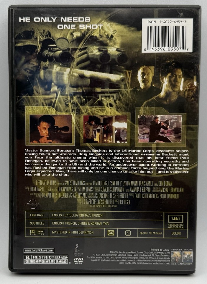 Sniper 3 DVD Widescreen Tom Berenger Byron Mann Denis Arndt John Doman ...