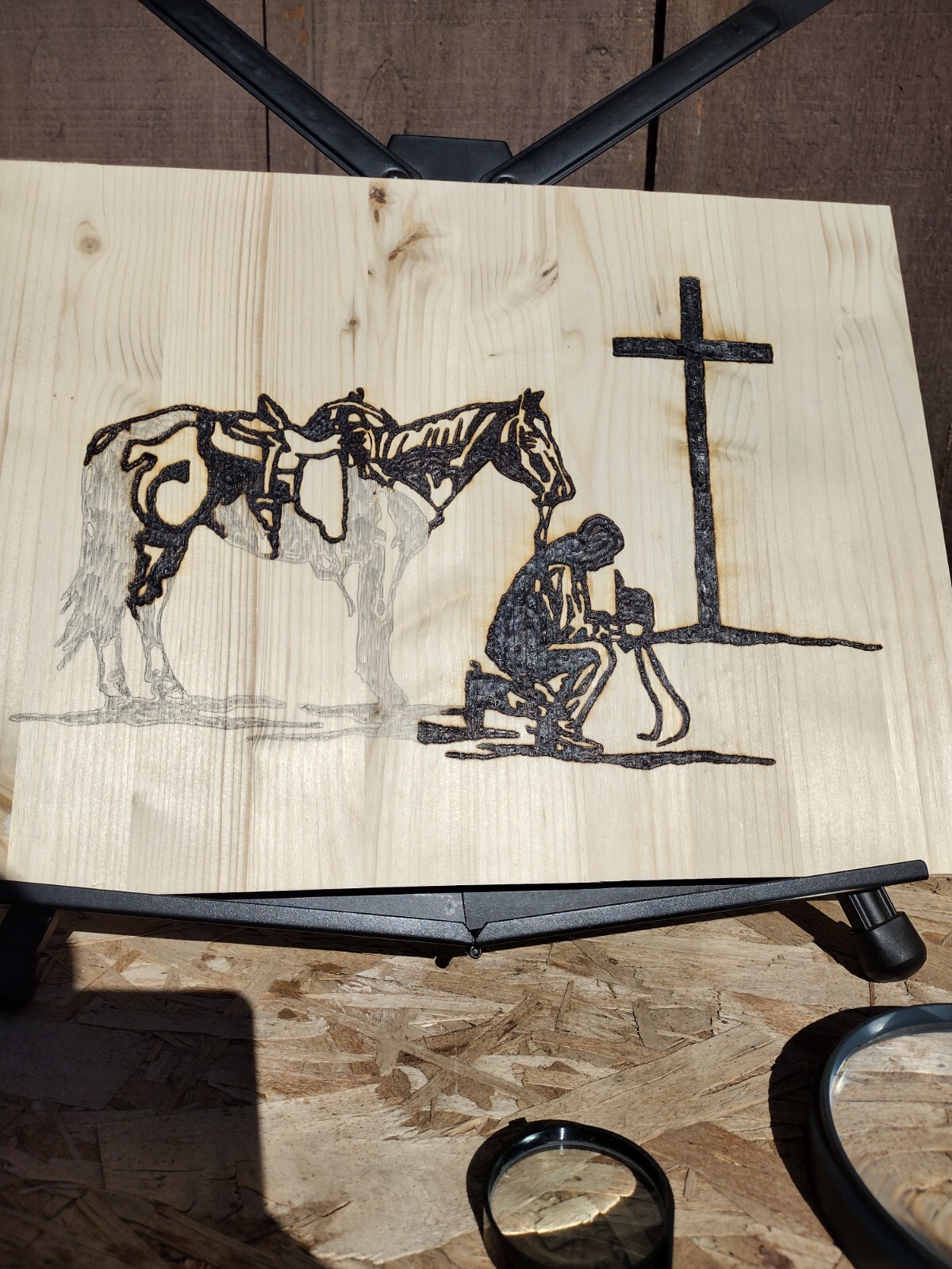 Solar Pyrography wood burning praying cowboy western religion horses | eBay
