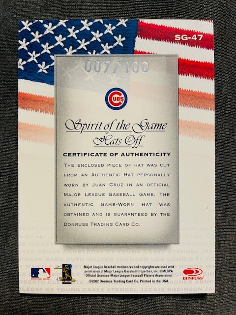 2002 Studio Juan Cruz Spirit Of The Game Hats Off Game Used Worn Hat ...