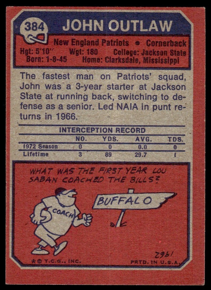 1973 TOPPS JOHN OUTLAW 3 RC NEW ENGLAND PATRIOTS #384 | eBay