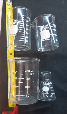 (4) PYREX CORNING Glass Graduated Beakers and Flask 250ml,150ml,50ml ...