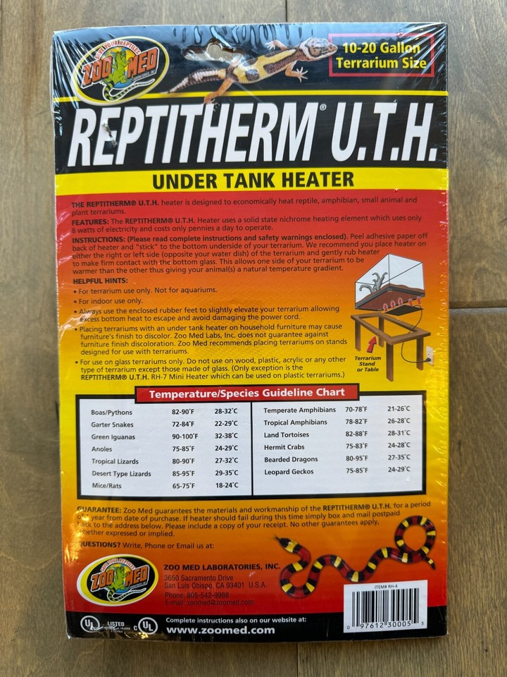 Zoo Med ReptiTherm U.T.H. Under Tank Heater RH-4 Small 10-20 gal 6" x 8 ...
