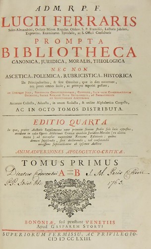 LUCIUS FERRARIS - PROMPTA BIBLIOTHECA - TOMI I e II - BOLOGNA VENEZIA ...